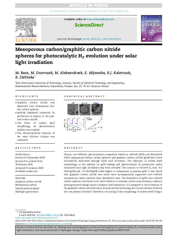 (PDF) Mesoporous carbon/graphitic carbon nitride spheres for photocatalytic H2 evolution under ...
