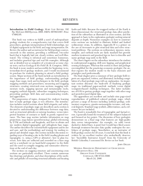 (PDF) Introduction to Field Geology.: MARY LOU BEVIER. 192 Pp. McGraw-Hill Ryerson. 2005. ISBN ...
