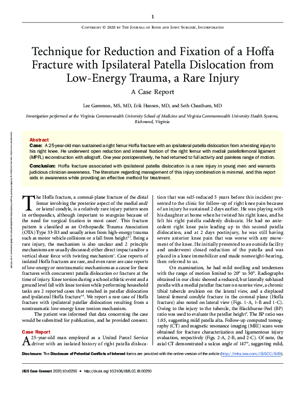 (PDF) Technique for Reduction and Fixation of a Hoffa Fracture with ...