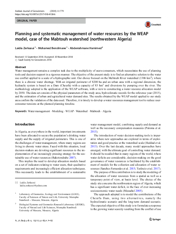 (PDF) Planning and systematic management of water resources by the WEAP model, case of the ...
