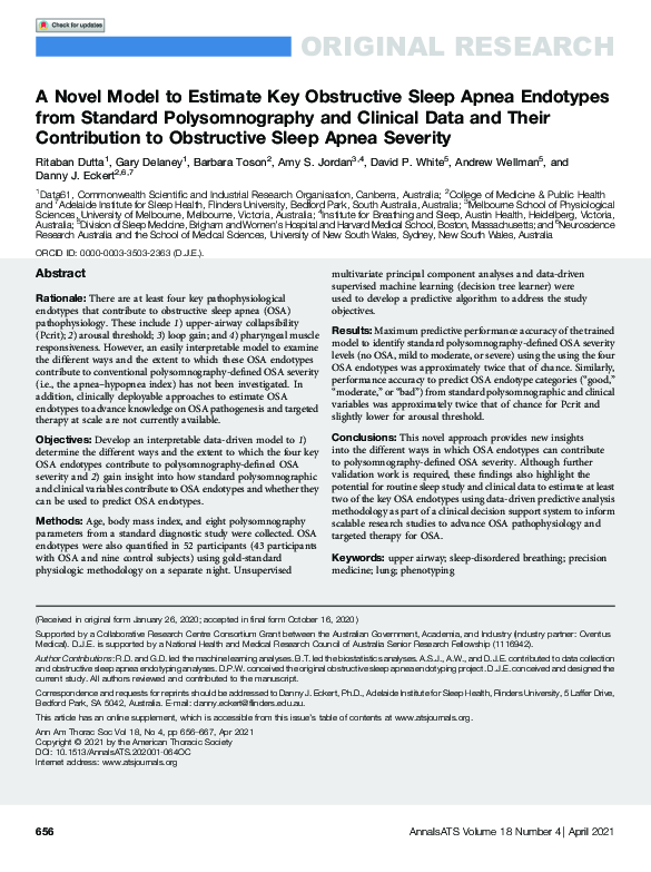 Pdf A Novel Model To Estimate Key Obstructive Sleep Apnea Endotypes From Standard