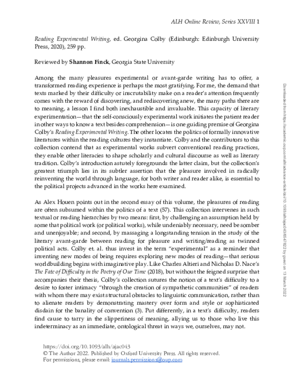 (PDF) Rev. of Reading Experimental Writing by Georgina Colby