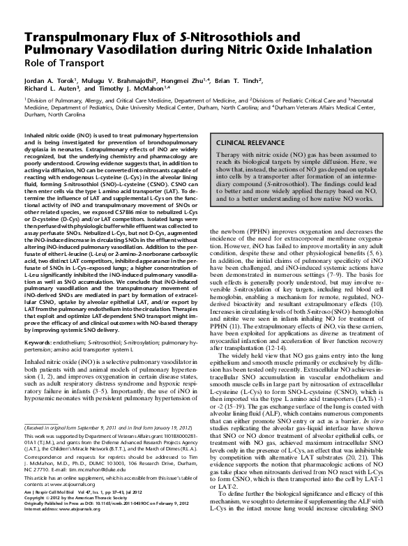 (PDF) Transpulmonary Flux of S-Nitrosothiols and Pulmonary Vasodilation ...