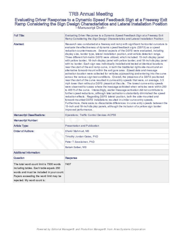 (PDF) Evaluating Driver Response to a Dynamic Speed Feedback Sign at a ...