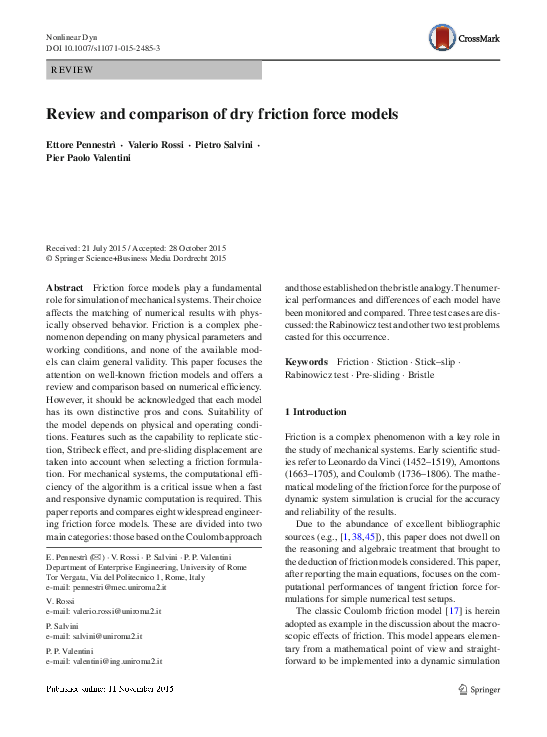 (PDF) Review and comparison of dry friction force models