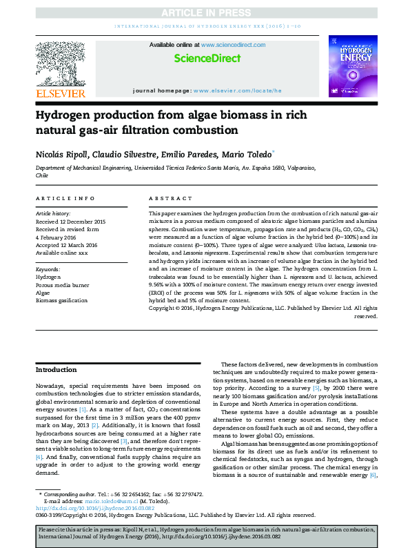 (PDF) Hydrogen production from algae biomass in rich natural gas-air ...