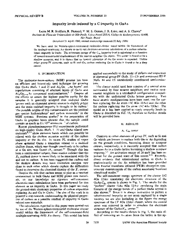 (PDF) Impurity levels induced by a C impurity in GaAs