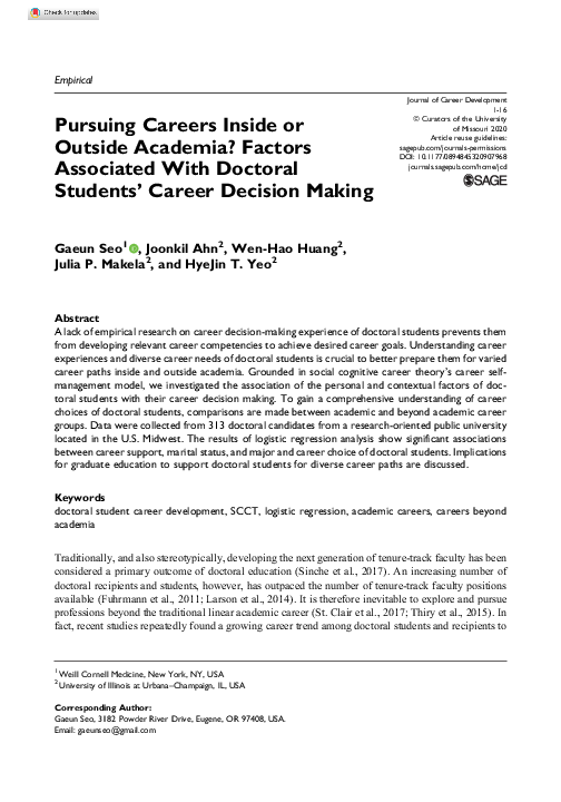 (PDF) Pursuing Careers Inside or Outside Academia? Factors Associated With Doctoral Students ...