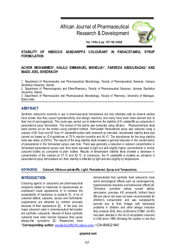 (PDF) Stability of Hibiscus Sabdariffa Colourant in Paracetamol Syrup ...