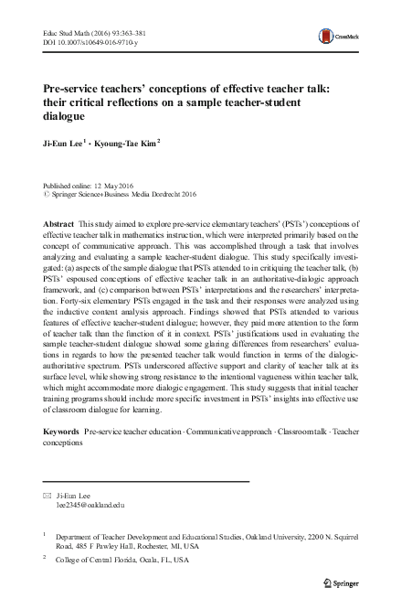 (PDF) Pre-service teachers’ conceptions of effective teacher talk: their critical reflections on ...