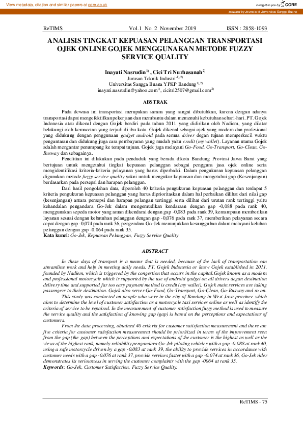 (PDF) Analisis Tingkat Kepuasan Pelanggan Transportasi Ojek Online Gojek Menggunakan Metode ...