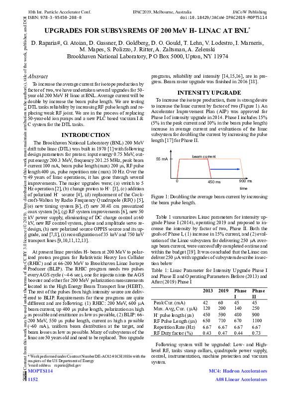 (PDF) Upgrades for Subsystems of the 200 MeV H⁻ Linac at BNL