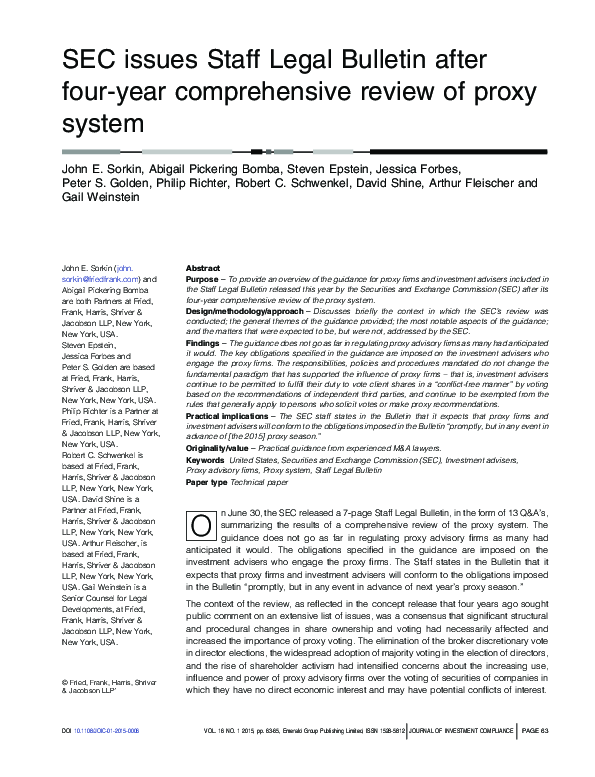 (PDF) SEC issues Staff Legal Bulletin after four-year comprehensive ...