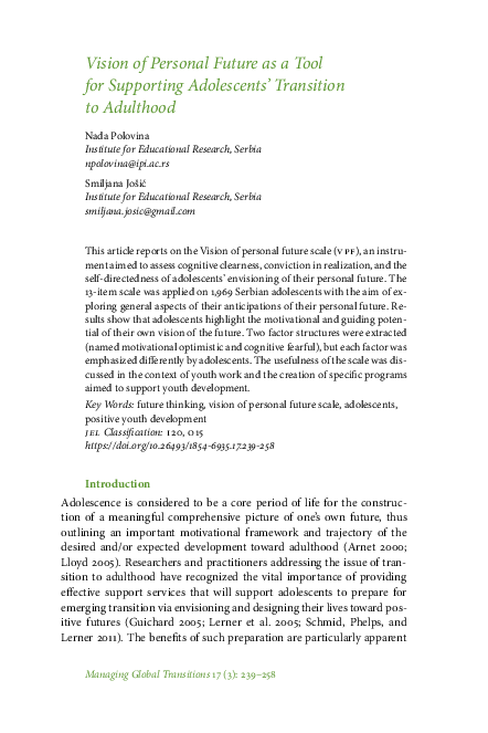 (PDF) Vision of Personal Future as a Tool for Supporting Adolescents ...