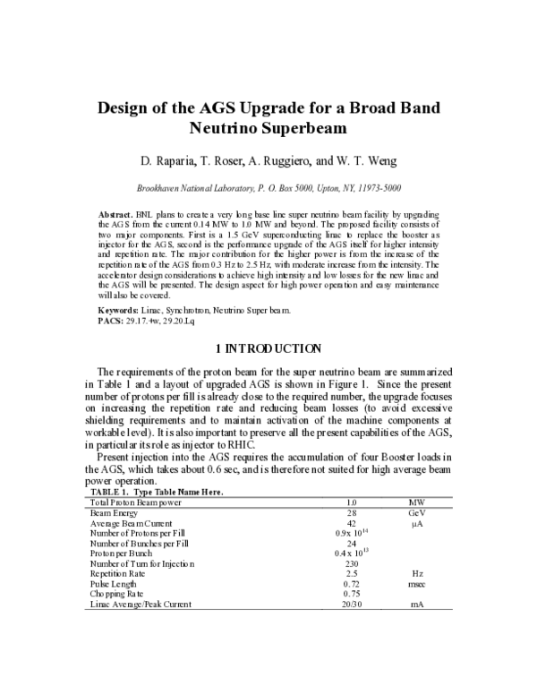 (PDF) Design of the AGS Upgrade for a Broad Band Neutrino Superbeam