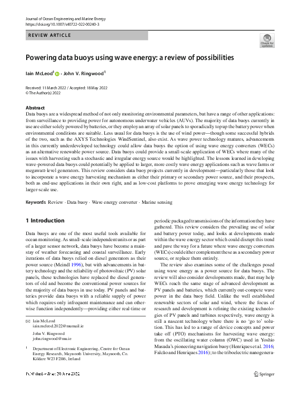 (PDF) Powering data buoys using wave energy: a review of possibilities