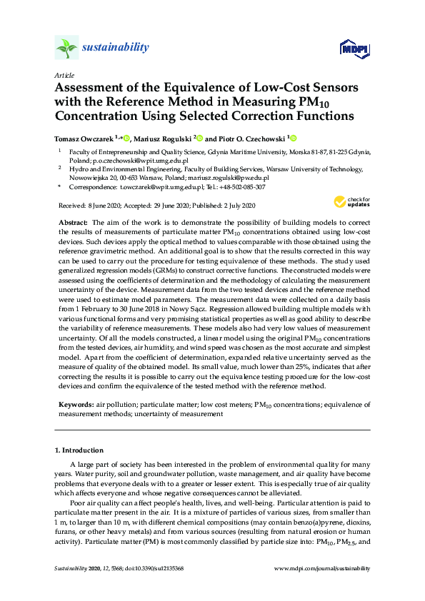 (PDF) Assessment of the Equivalence of Low-Cost Sensors with the Reference Method in Measuring ...