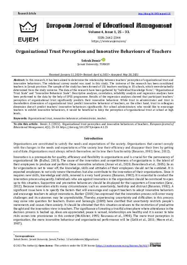 (PDF) Organizational Trust Perception and Innovative Behaviours of Teachers