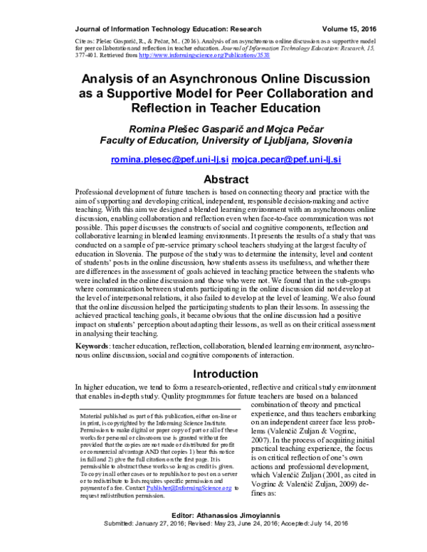 (PDF) Analysis of an Asynchronous Online Discussion as a Supportive Model for Peer Collaboration ...