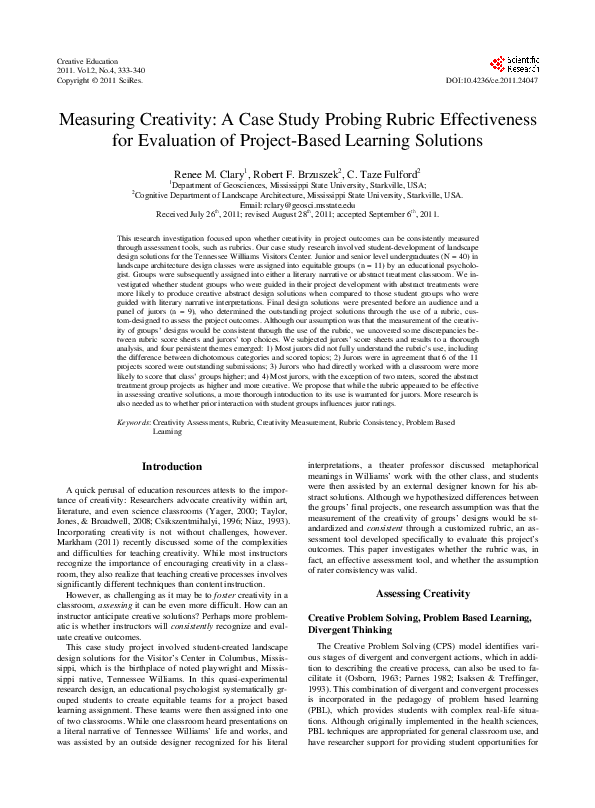 (PDF) Measuring Creativity: A Case Study Probing Rubric Effectiveness for Evaluation of Project ...
