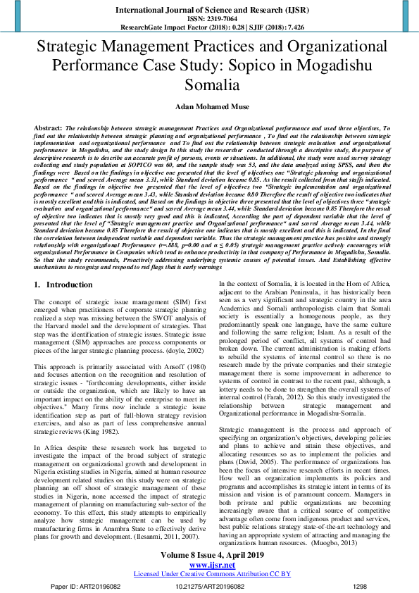 (PDF) Strategic Management Practices and Organizational Performance Case Study: Sopico in ...