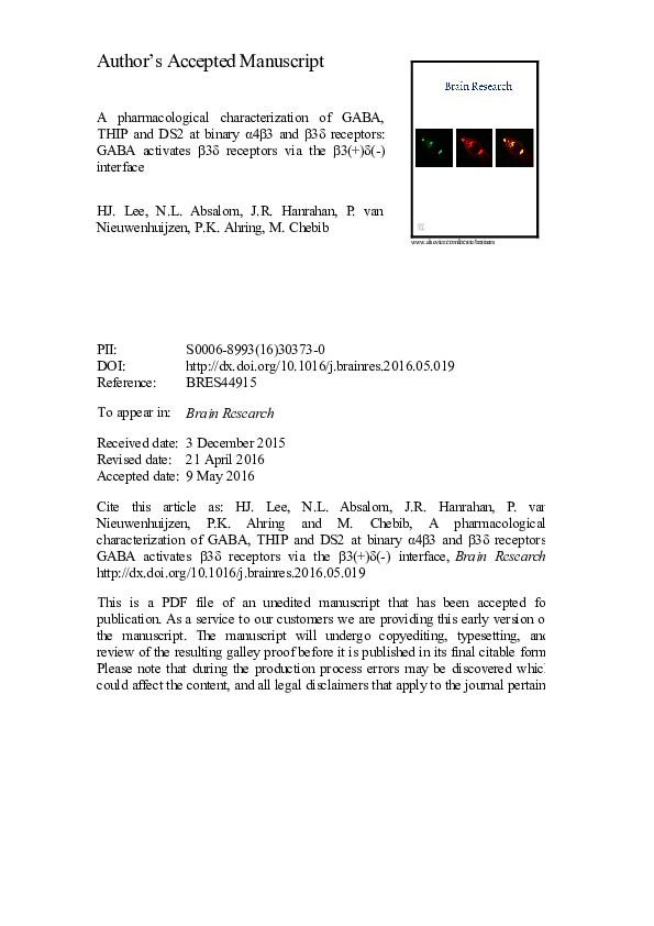 (PDF) A pharmacological characterization of GABA, THIP and DS2 at ...