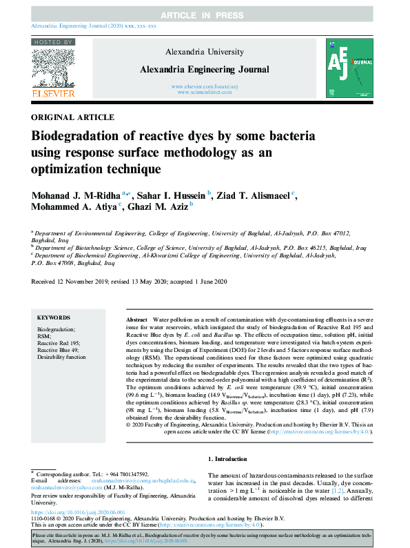 (PDF) Biodegradation of reactive dyes by some bacteria using response surface methodology as an ...