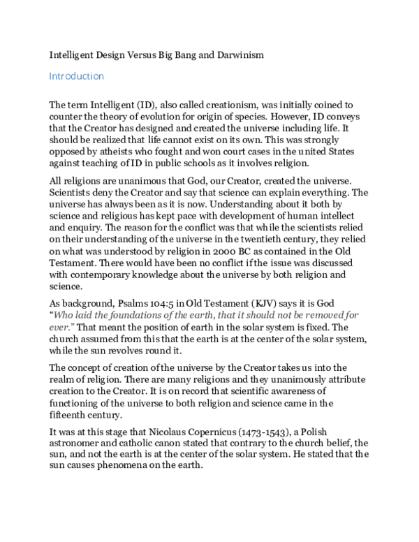 (PDF) Intelligent Design Versus Big Bang and Darwinism