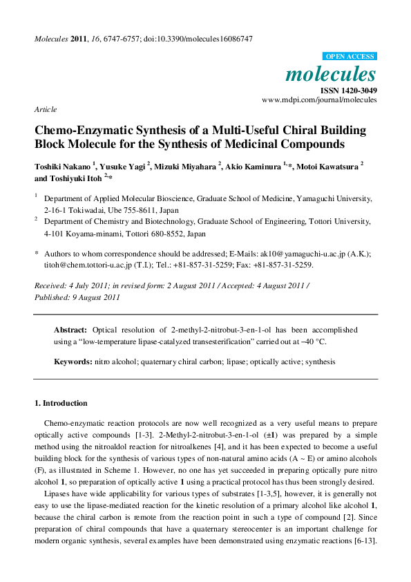 (PDF) Chemo-Enzymatic Synthesis of a Multi-Useful Chiral Building Block ...