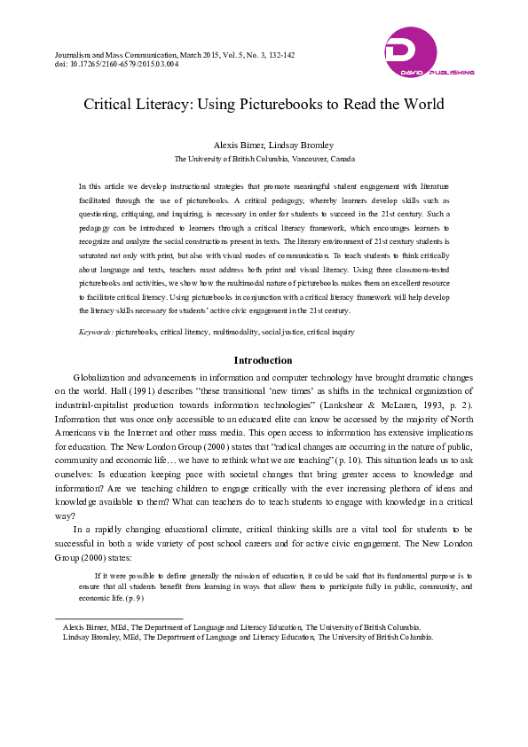 (PDF) Critical Literacy: Using Picturebooks to Read the World