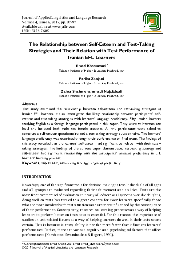 (PDF) The Relationship between Self-Esteem and Test-Taking Strategies ...