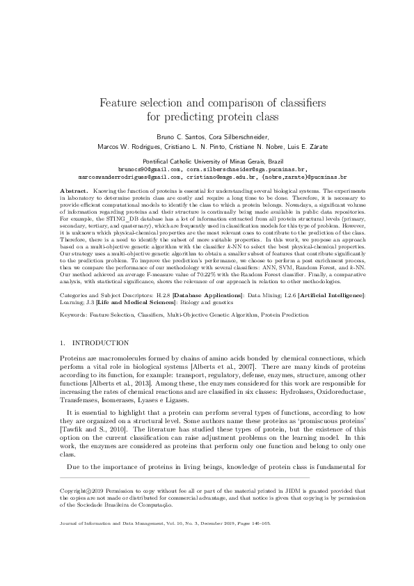 (PDF) Feature selection and comparison of classifiers for predicting protein class