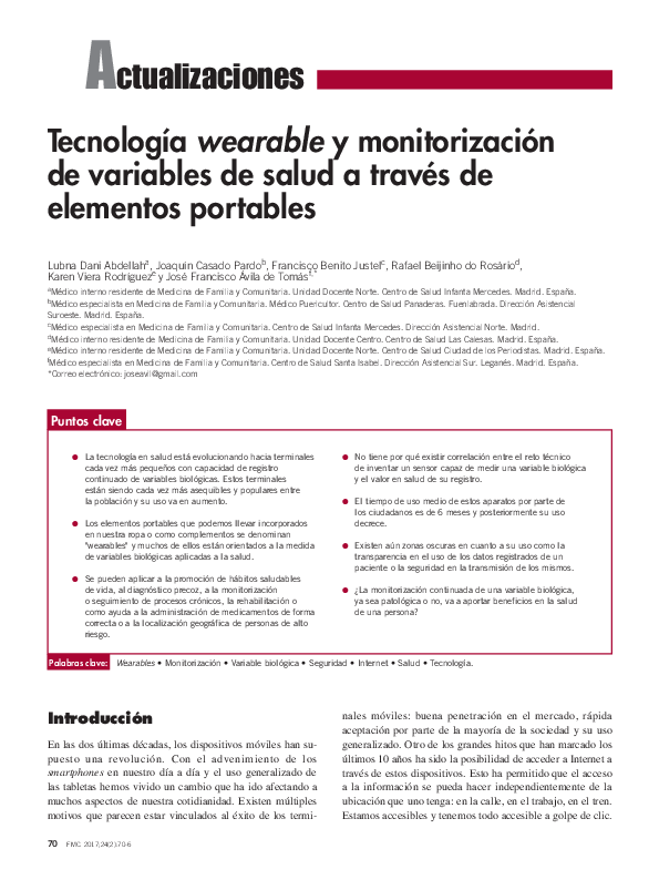 (PDF) Tecnología wearable y monitorización de variables de salud a través de elementos portables