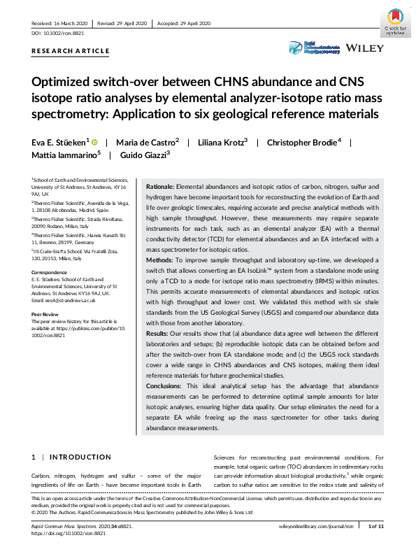 (PDF) Optimized switch‐over between CHNS abundance and CNS isotope ratio analyses by elemental ...