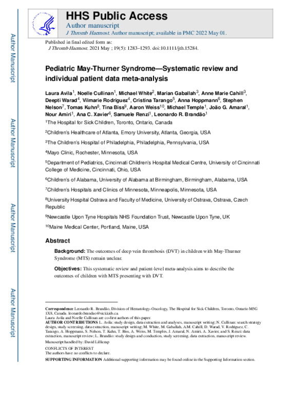 (PDF) Pediatric May‐Thurner Syndrome—Systematic review and individual patient data meta‐analysis