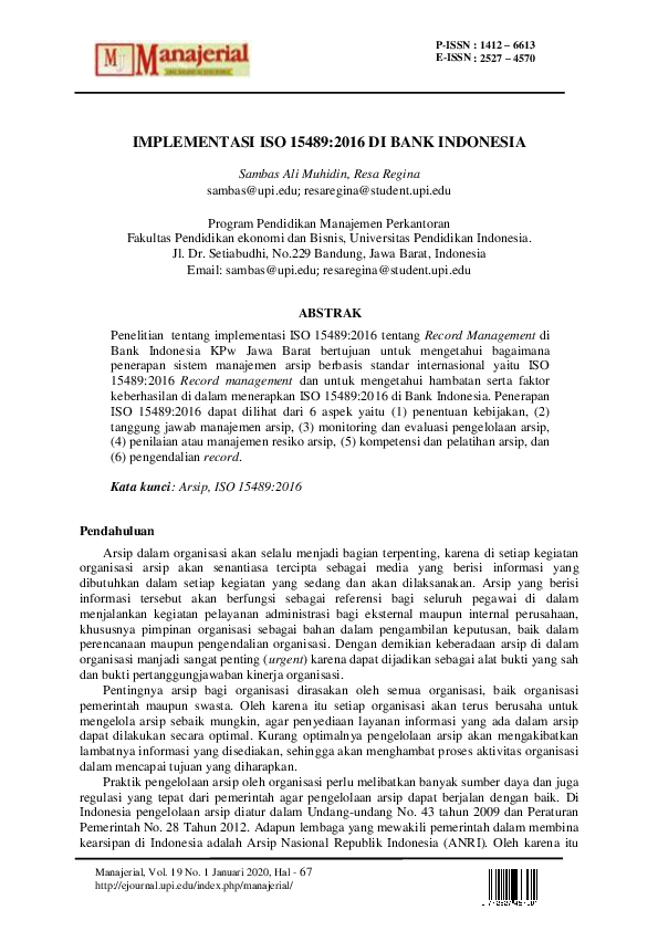 (PDF) Implementasi Iso 15489:2016 DI Bank Indonesia | Resa Regina ...