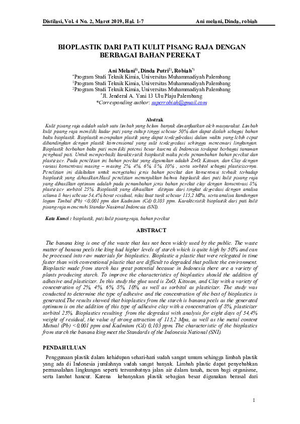 Pdf Bioplastik Dari Pati Kulit Pisang Raja Dengan Berbagai Bahan Perekat