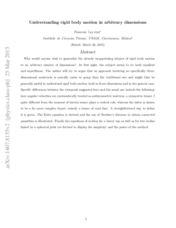 (PDF) Understanding rigid body motion in arbitrary dimensions