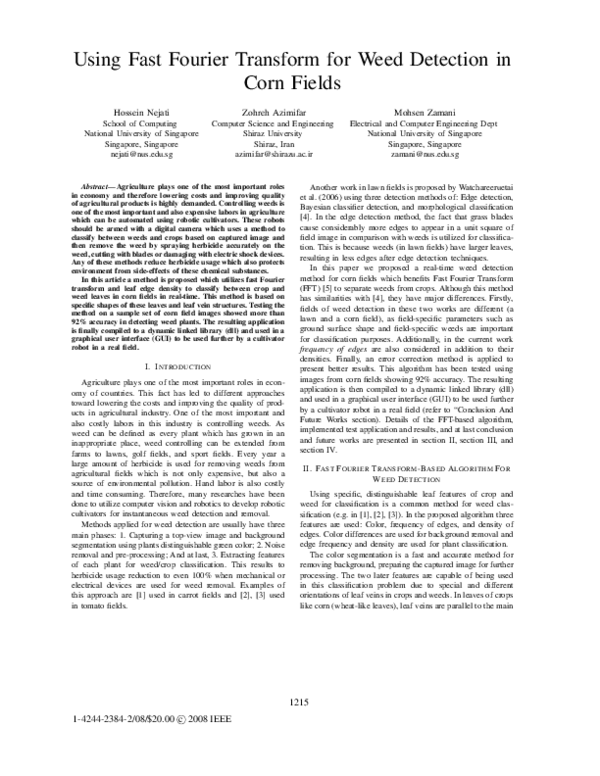 (PDF) Using fast fourier transform for weed detection in corn fields