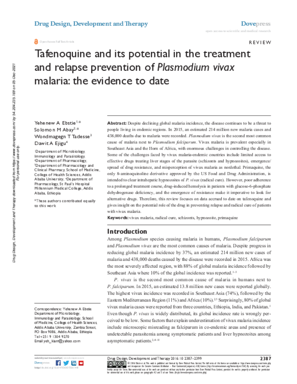 (PDF) Tafenoquine and its potential in the treatment and relapse ...