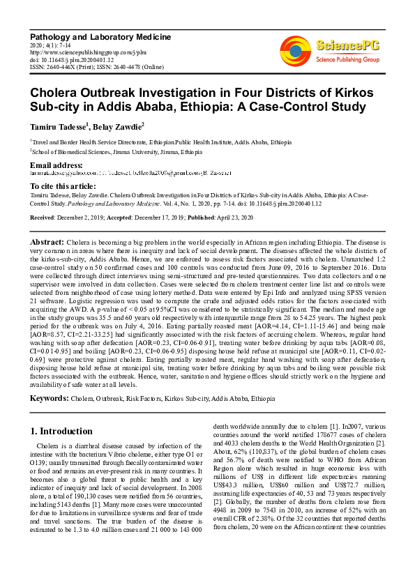 (PDF) Cholera Outbreak Investigation in Four Districts of Kirkos Sub ...