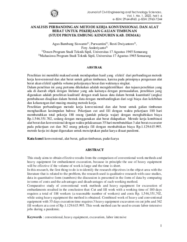 (PDF) Analisis Perbandingan Metode Kerja Konvensional Dan Alat Berat ...