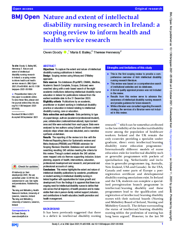 (PDF) Nature and extent of intellectual disability nursing research in Ireland: a scoping review ...