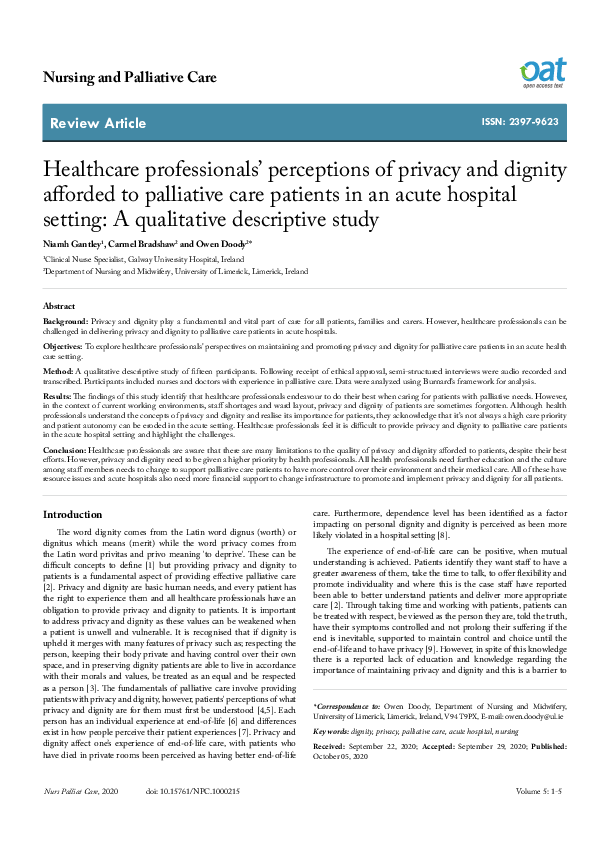 (PDF) Healthcare professionals’ perceptions of privacy and dignity afforded to palliative care ...