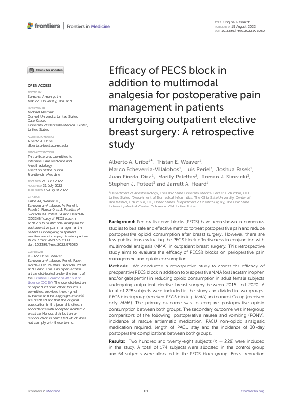 (PDF) Efficacy of PECS block in addition to multimodal analgesia for ...