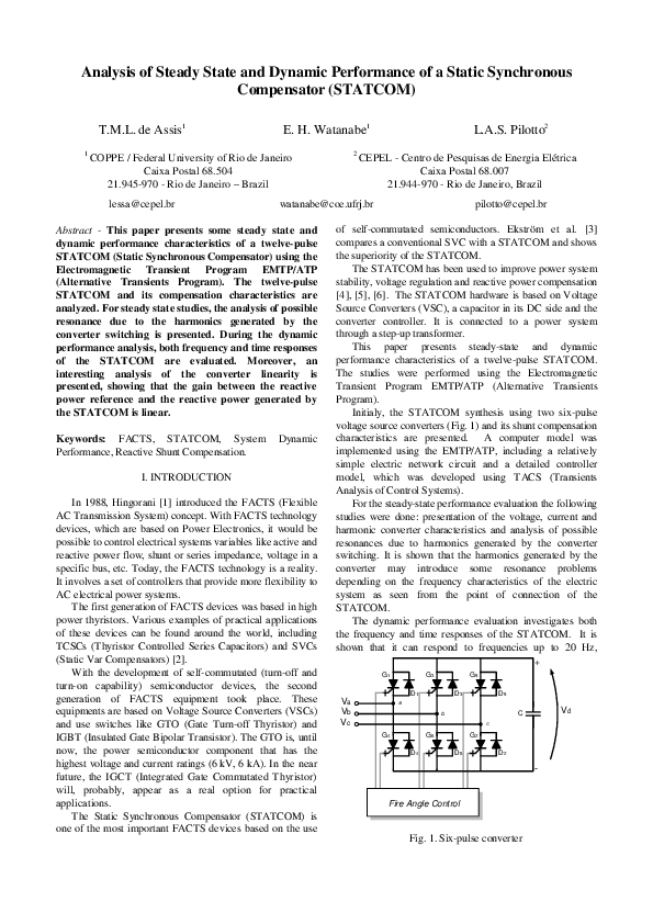 Pdf Analysis Of Steady State And Dynamic Performance Of A Static Synchronous Compensator Statcom