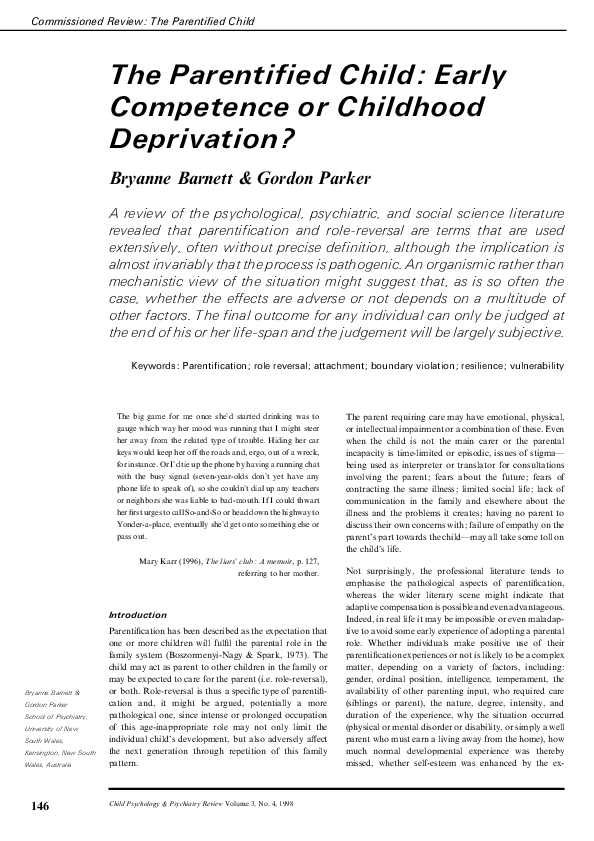 (PDF) The Parentified Child: Early Competence or Childhood Deprivation?