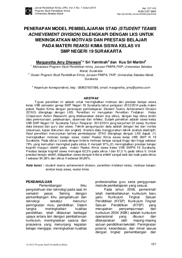 (PDF) Penerapan Model Pembelajaran Stad (Student Teams Achievement Division) Dilengkapi Dengan ...