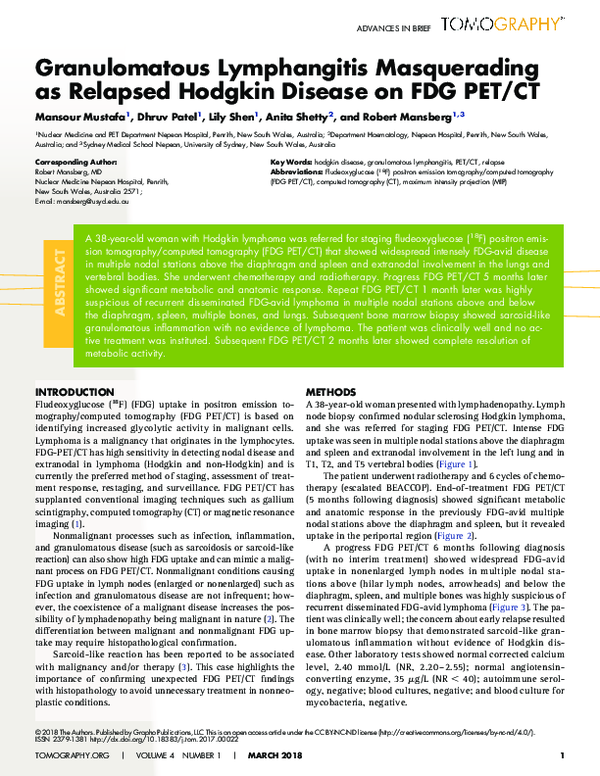 (PDF) Granulomatous Lymphangitis Masquerading as Relapsed Hodgkin Disease on FDG PET/CT