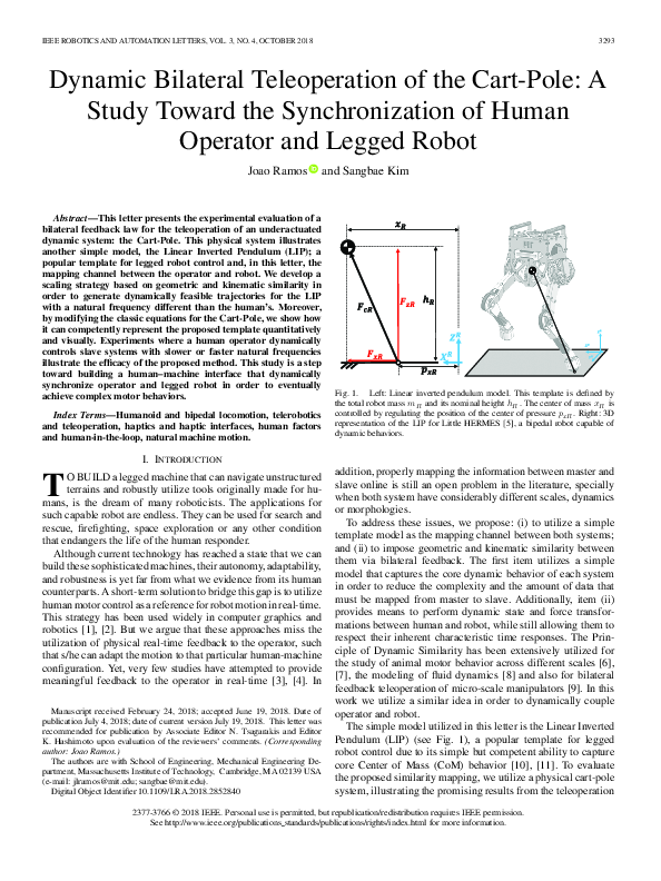 (PDF) Dynamic Bilateral Teleoperation of the Cart-Pole: A Study Toward ...